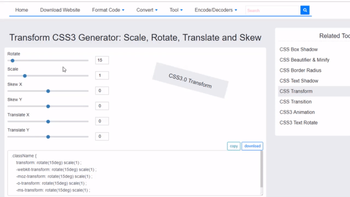 Transform Css3 Generator Scale Rotate Translate And Skew Bfotool 5527