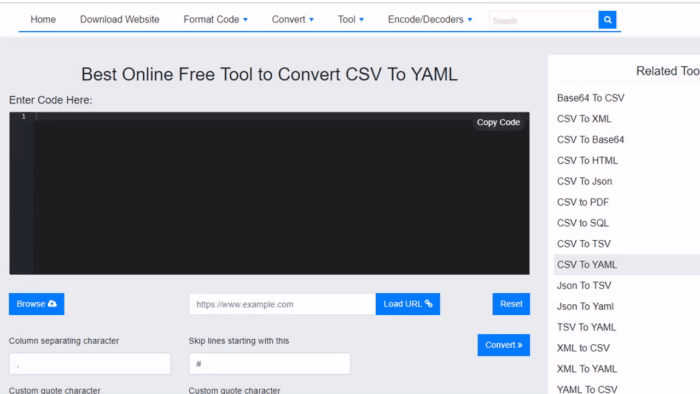 Free Online CSV To YAML Converter BFO Tool