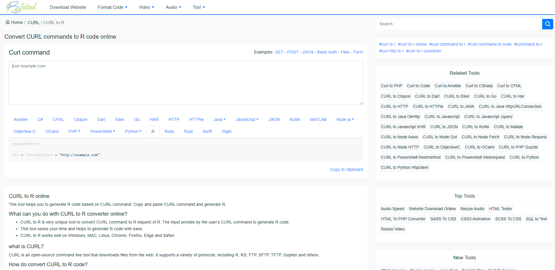 Convert CURL commands to R code online - bfotool