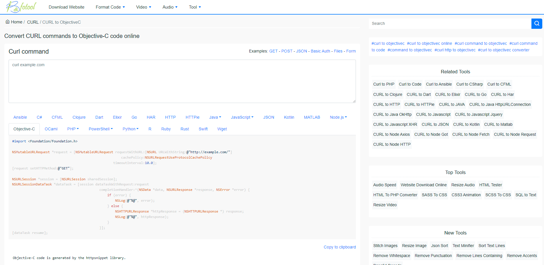 แปลงคำสั่ง CURL เป็นโค้ด Objective-C ทางออนไลน์ - bfotool