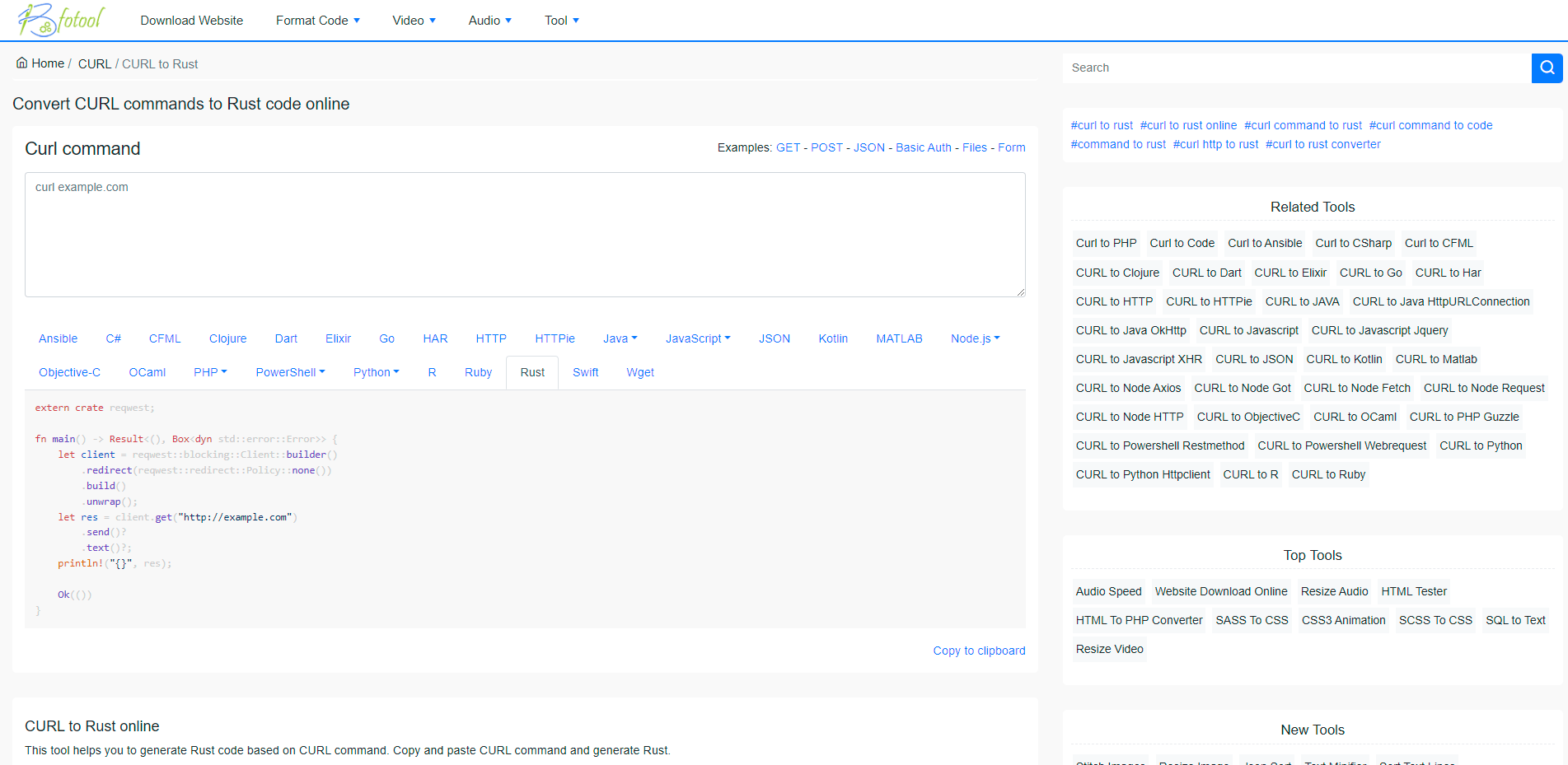Convierta los comandos CURL a código Rust en línea - bfotool